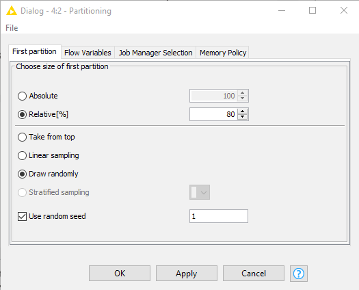 Καρτέλα Configure του Partitioning node