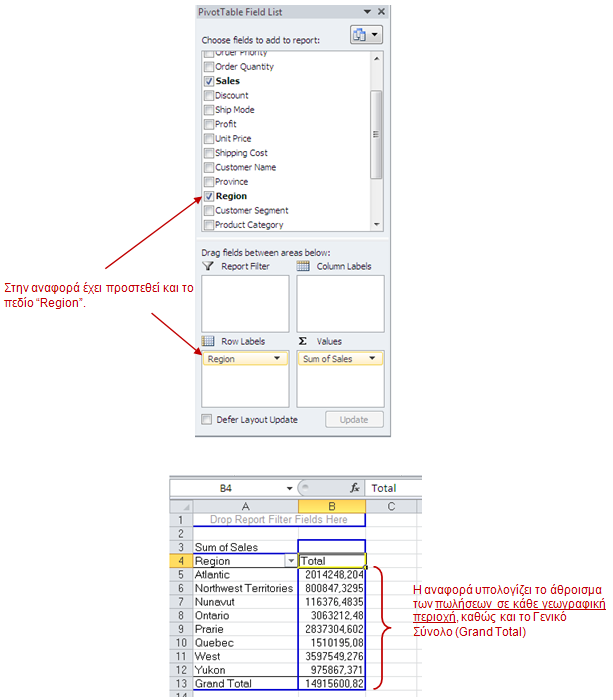 Χρήση πεδίου στην επιλογή «Ετικέτες γραμμής» (Row Labels)